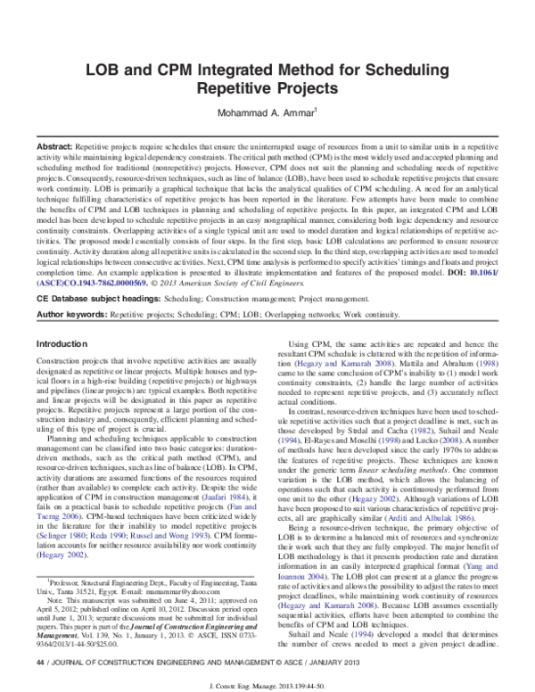 (PDF) LOB and CPM Integrated Method for Scheduling Repetitive Projects