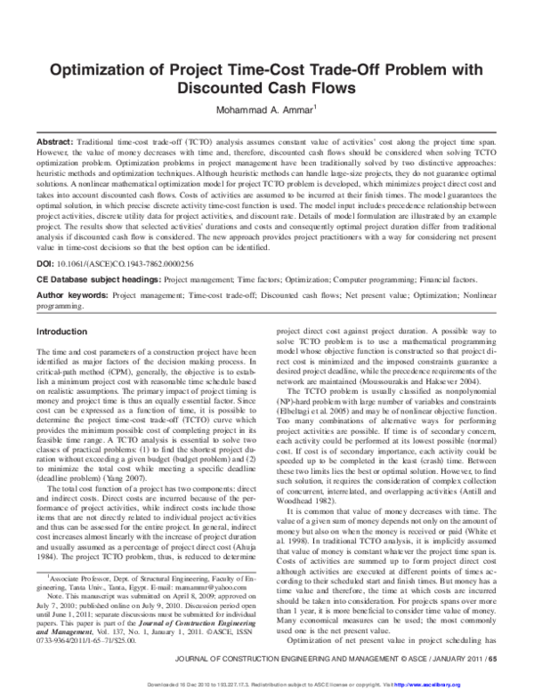 (PDF) Optimization of Project Time-Cost Trade-Off Problem with Discounted Cash Flows