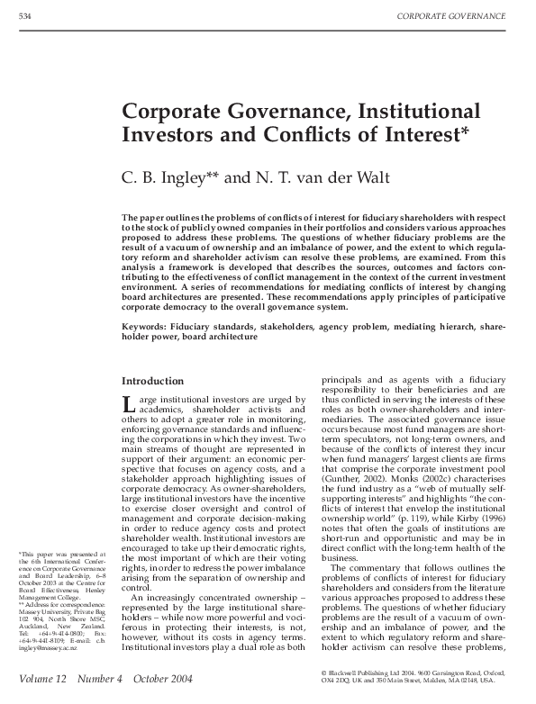 (PDF) Corporate Governance, Institutional Investors and Conflicts of Interest