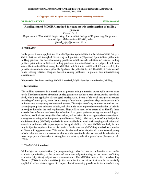 Pdf Application Of Moora Method For Parametric Optimization Of Milling Process