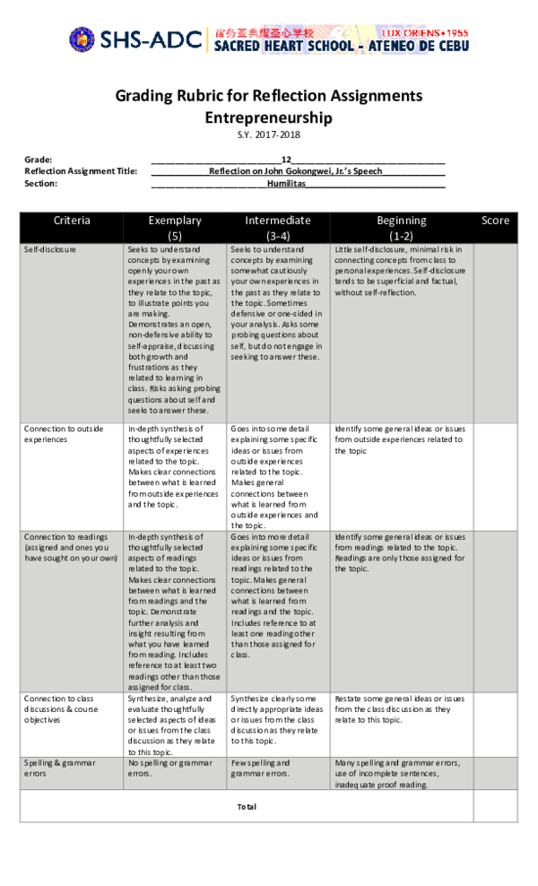 (DOC) Grading Rubric for Reflection Assignments Entrepreneurship