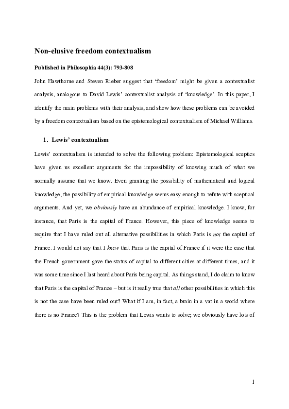 (PDF) Non-elusive freedom contextualism Published in Philosophia 44(3 ...