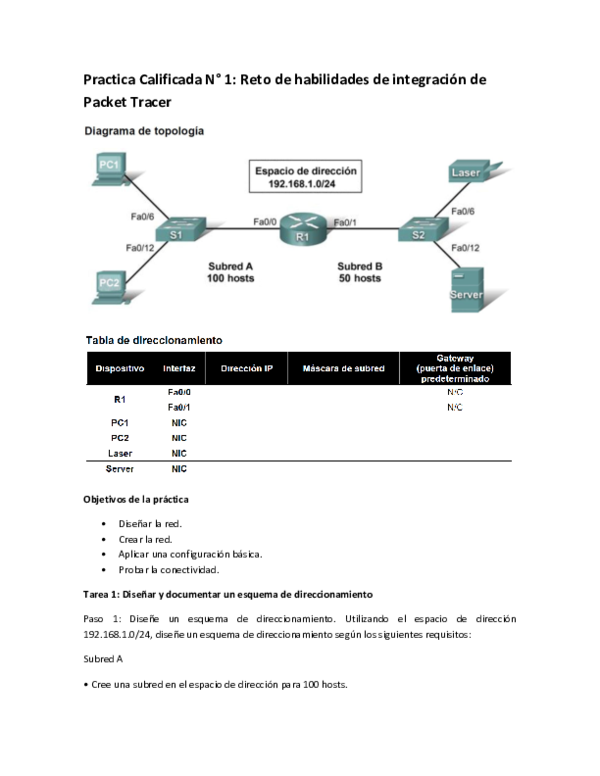(DOC) Practica Calificada N° 1: Reto de habilidades de integración de Packet Tracer