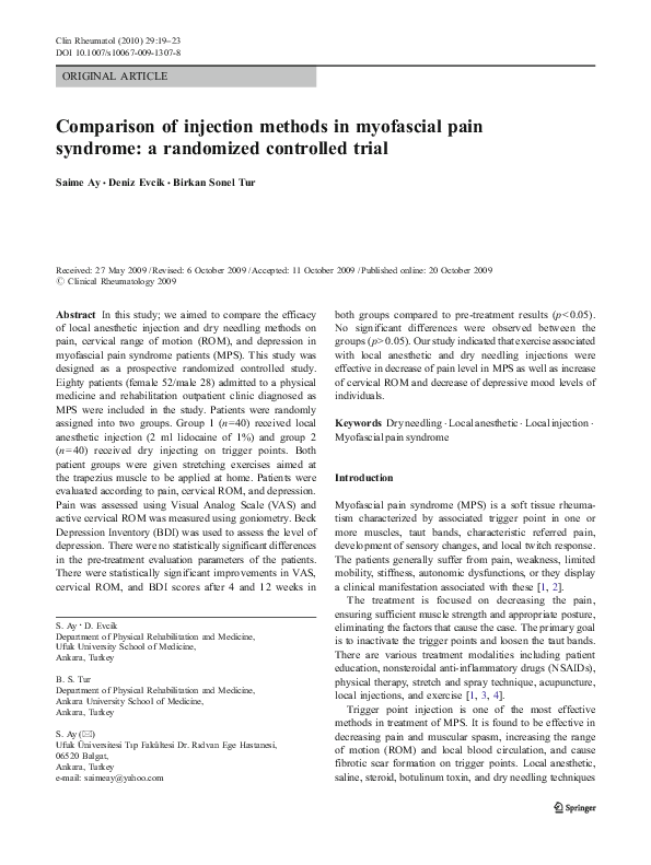 (PDF) Comparison of injection methods in myofascial pain syndrome: a ...