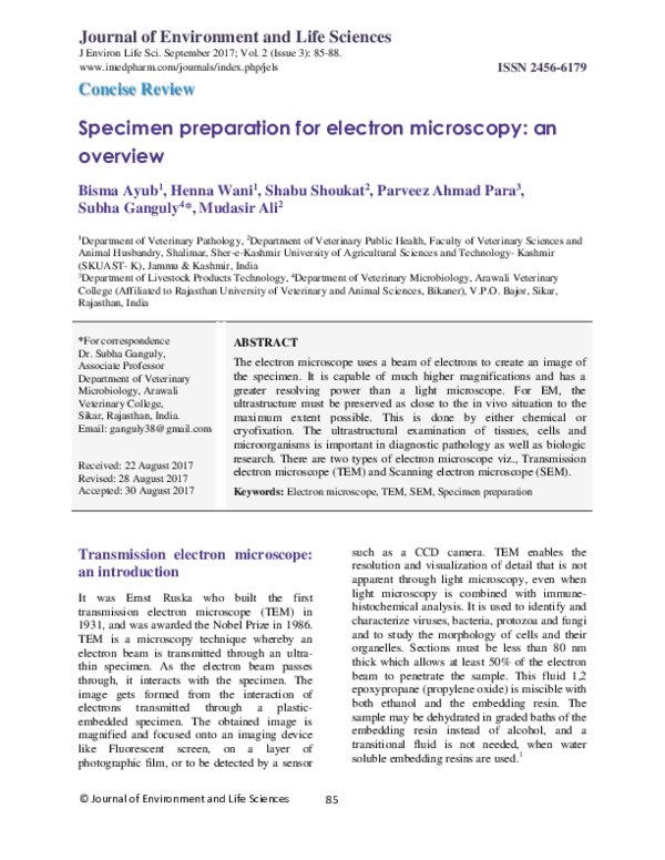 (PDF) Specimen preparation for electron microscopy: an overview