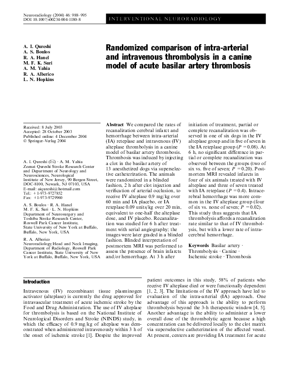 (PDF) Randomized comparison of intra-arterial and intravenous thrombolysis in a canine model of ...