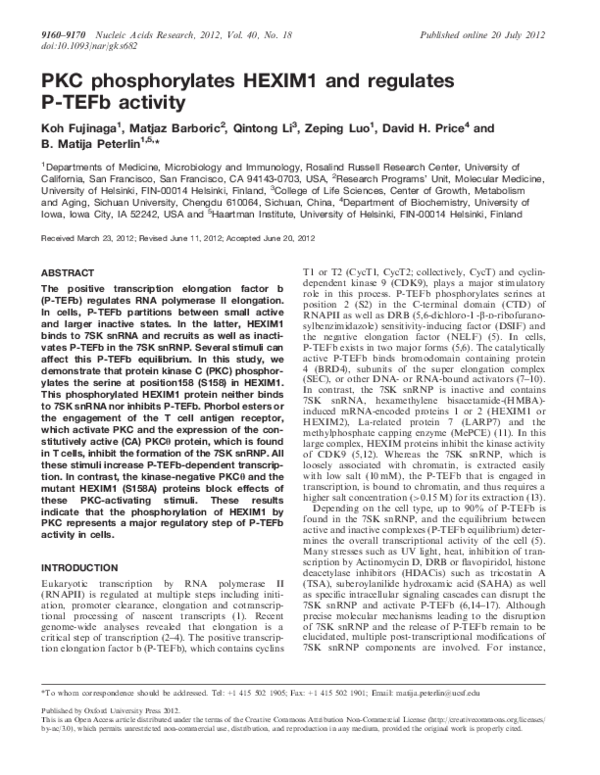 (PDF) PKC phosphorylates HEXIM1 and regulates P-TEFb activity