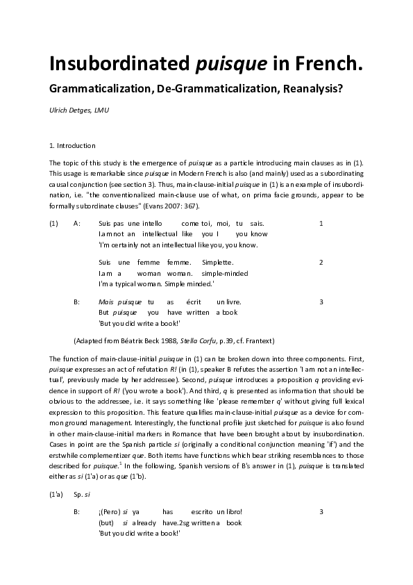 (PDF) Insubordinated puisque in French. Grammaticalization, De ...