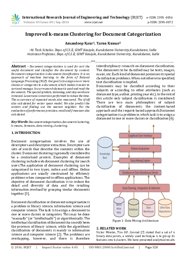 (PDF) Improved k-means Clustering for Document Categorization