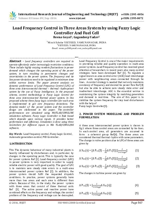 Pdf Load Frequency Control In Three Areas System By Using Fuzzy Logic Controller And Fuel Cell