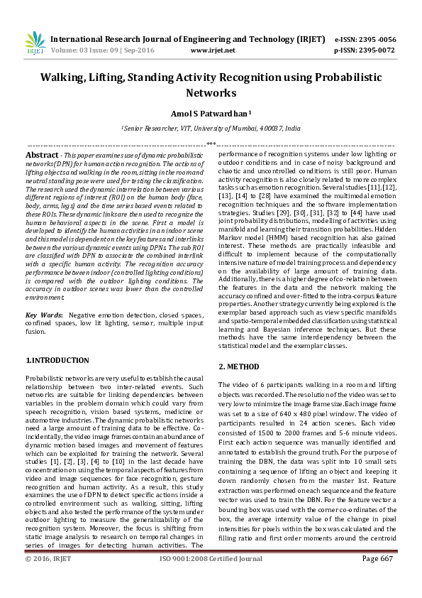 (PDF) Walking, Lifting, Standing Activity Recognition using Probabilistic Networks