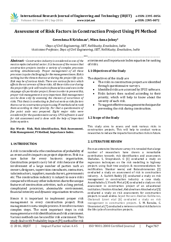 (PDF) Assessment of Risk Factors in Construction Project Using PI Method