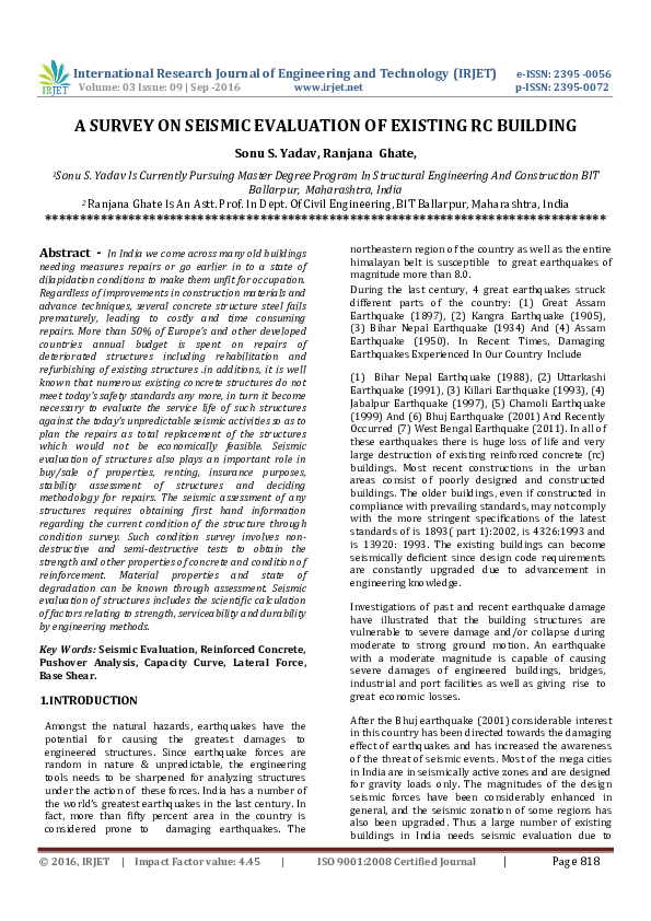 Pdf A Survey On Seismic Evaluation Of Existing Rc Building
