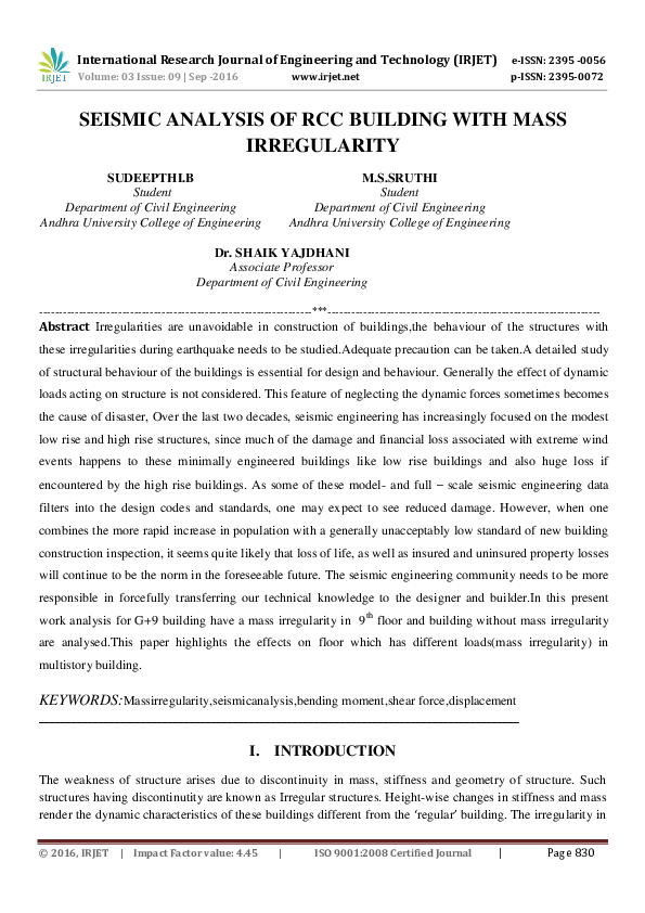 (PDF) SEISMIC ANALYSIS OF RCC BUILDING WITH MASS IRREGULARITY