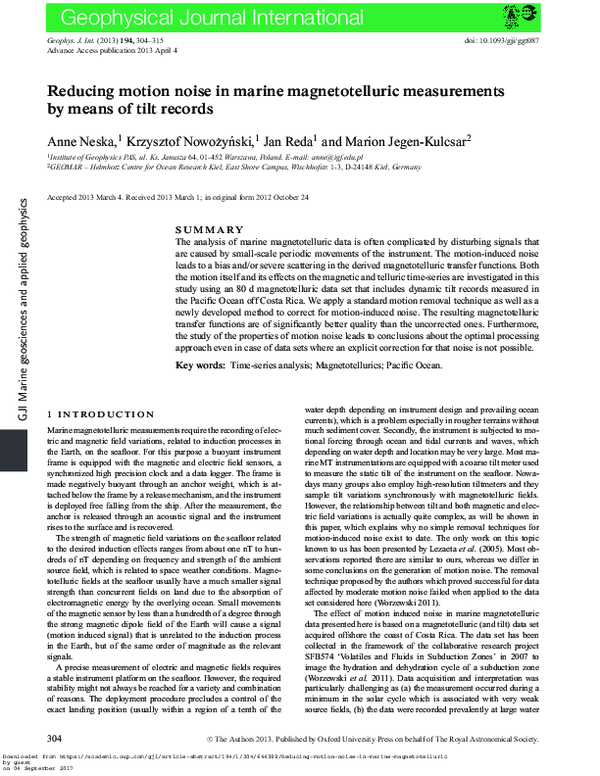 (PDF) Reducing motion noise in marine magnetotelluric measurements by ...