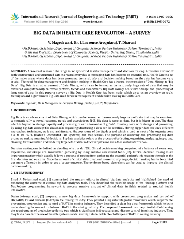 (PDF) BIG DATA IN HEALTH CARE REVOLUTION – A SURVEY