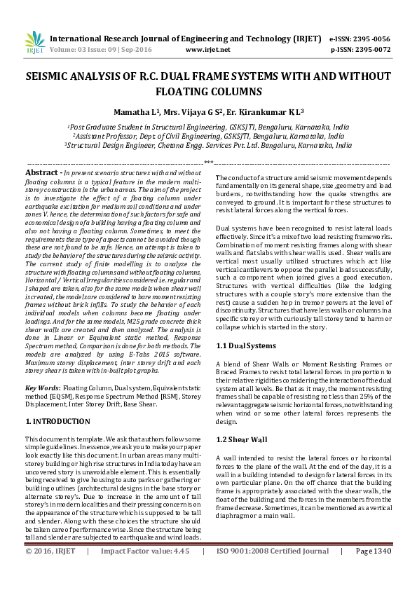 (PDF) SEISMIC ANALYSIS OF R.C. DUAL FRAME SYSTEMS WITH AND WITHOUT FLOATING COLUMNS