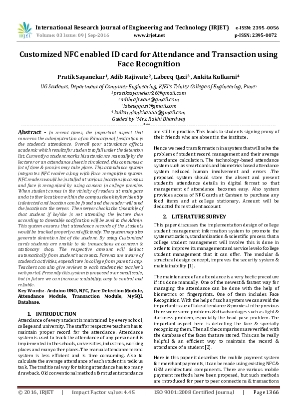 (PDF) Customized NFC enabled ID card for Attendance and Transaction ...