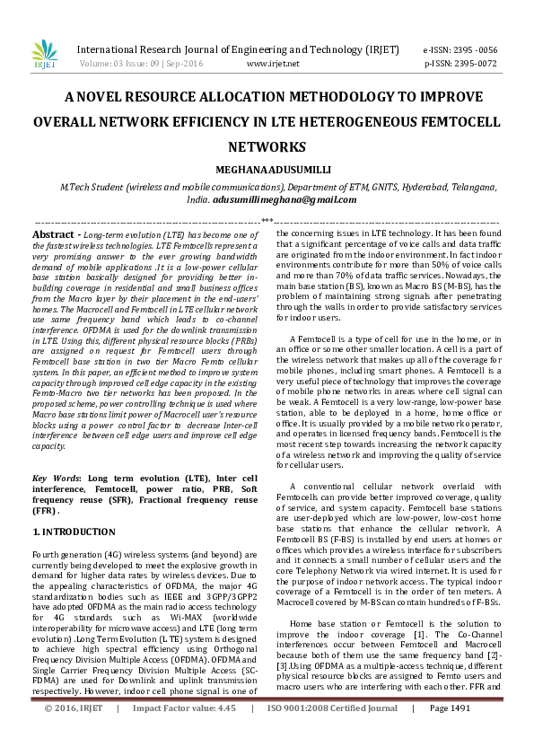 (PDF) A NOVEL RESOURCE ALLOCATION METHODOLOGY TO IMPROVE OVERALL NETWORK EFFICIENCY IN LTE ...