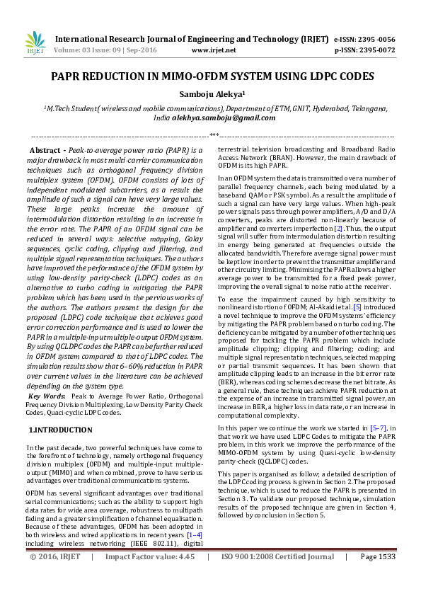 Pdf Papr Reduction In Mimo Ofdm System Using Ldpc Codes
