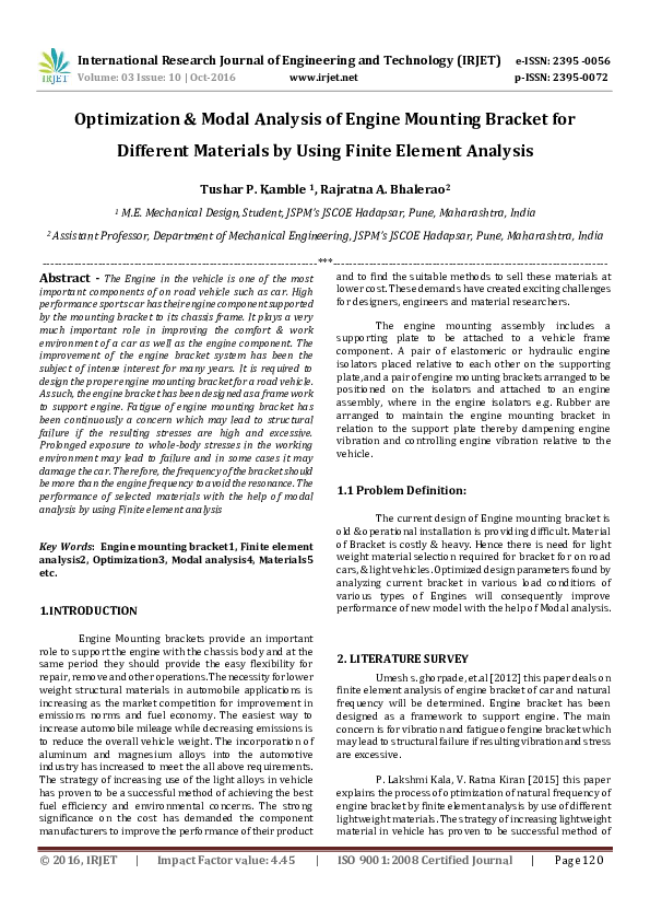 Pdf Optimization And Modal Analysis Of Engine Mounting Bracket For Different Materials By Using