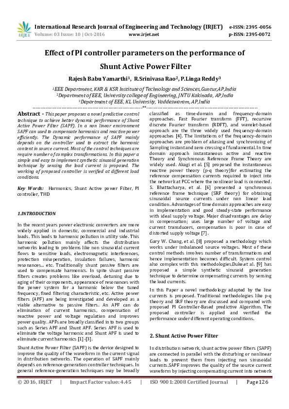 Pdf Effect Of Pi Controller Parameters On The Performance Of Shunt