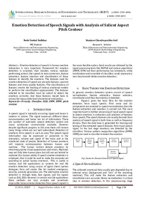 (PDF) Emotion Detection of Speech Signals with Analysis of Salient Aspect Pitch Contour