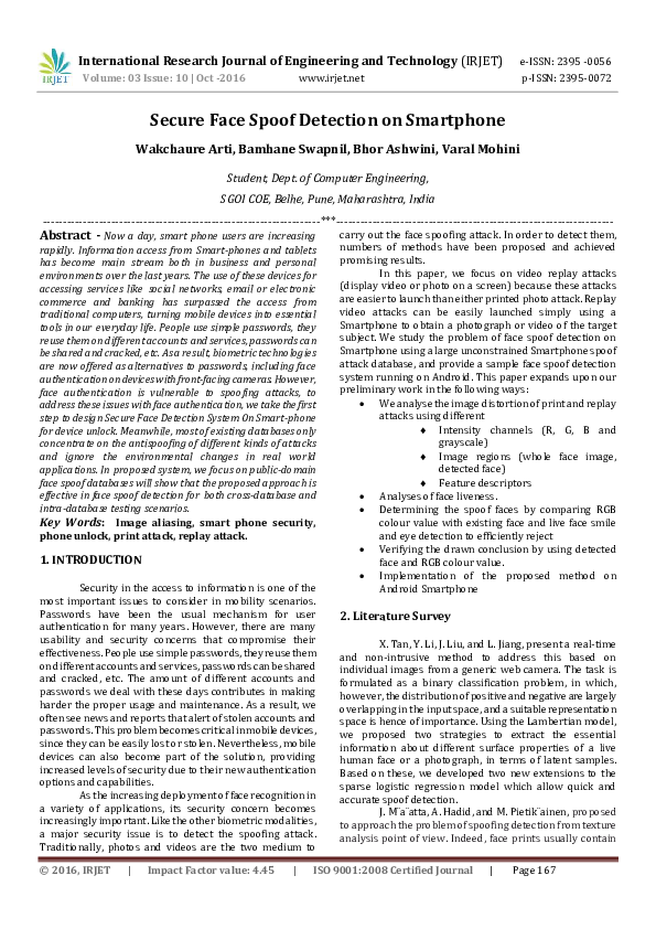Pdf Secure Face Spoof Detection On Smartphone