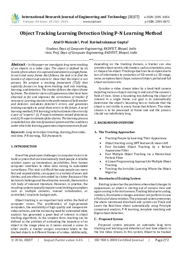 (PDF) Object Tracking Learning Detection Using P-N Learning Method