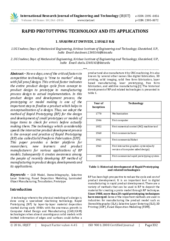 (PDF) RAPID PROTOTYPING TECHNOLOGY AND ITS APPLICATIONS 1. SHASHWAT DWIVEDI, 2.SHALU RAI