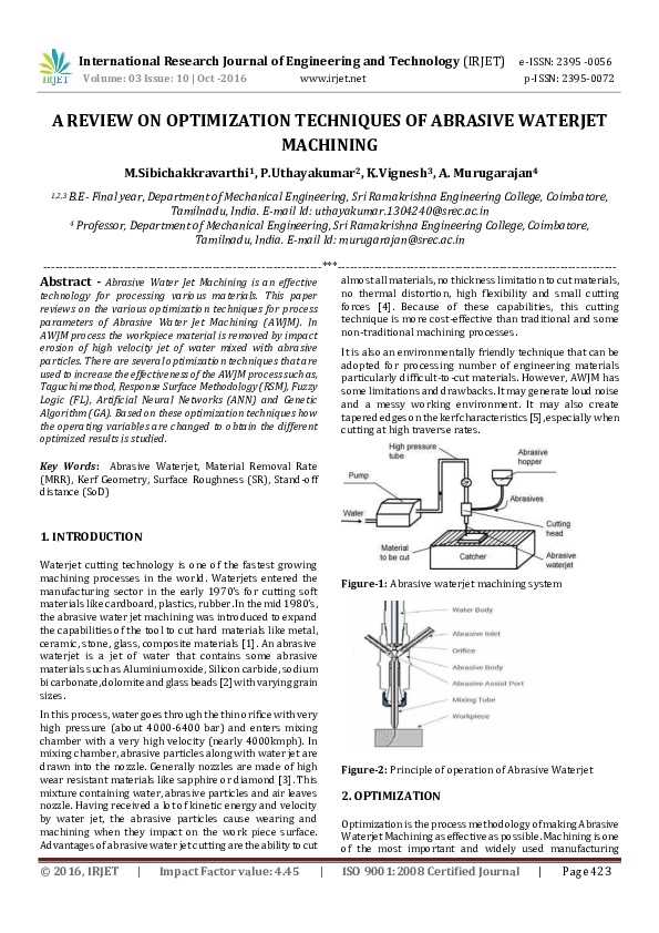 (PDF) A REVIEW ON OPTIMIZATION TECHNIQUES OF ABRASIVE WATERJET MACHINING