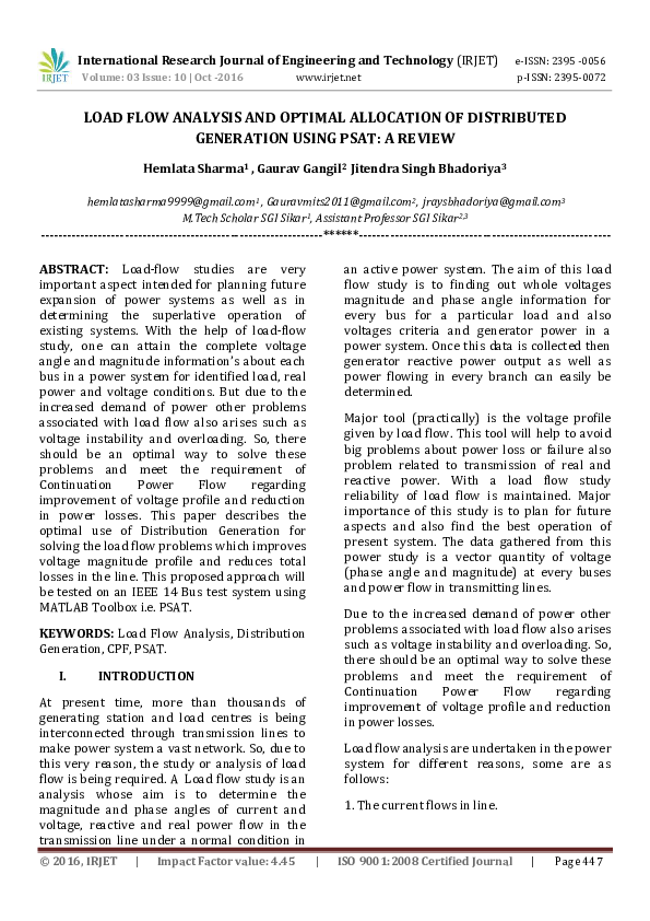 (PDF) LOAD FLOW ANALYSIS AND OPTIMAL ALLOCATION OF DISTRIBUTED GENERATION USING PSAT: A REVIEW