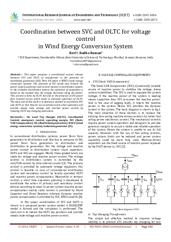 (PDF) Coordination between SVC and OLTC for voltage control in Wind Energy Conversion System