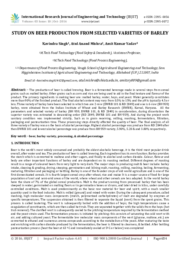 (PDF) STUDY ON BEER PRODUCTION FROM SELECTED VARIETIES OF BARLEY