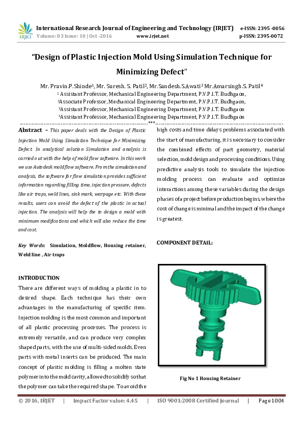 (PDF) " Design of Plastic Injection Mold Using Simulation Technique for Minimizing Defect