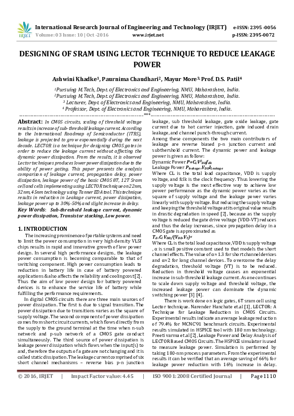 (PDF) DESIGNING OF SRAM USING LECTOR TECHNIQUE TO REDUCE LEAKAGE POWER