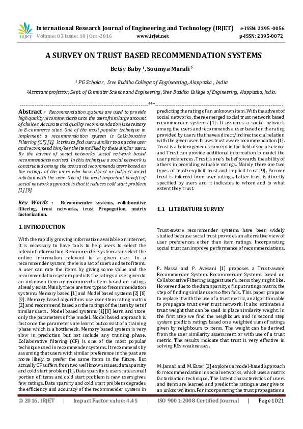(PDF) A SURVEY ON TRUST BASED RECOMMENDATION SYSTEMS