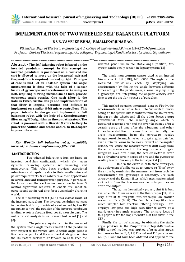 (PDF) IMPLEMENTATION OF TWO WHEELED SELF BALANCING PLATFORM