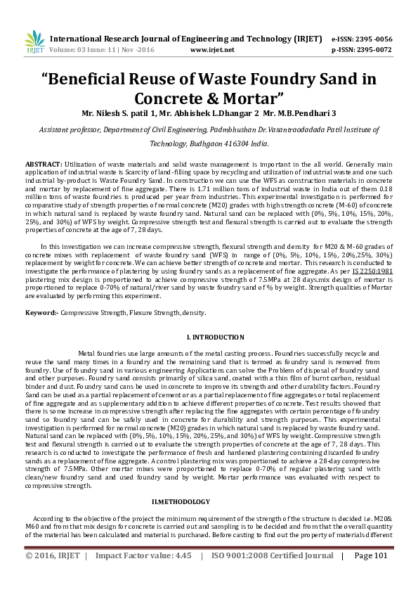 (PDF) " Beneficial Reuse of Waste Foundry Sand in Concrete & Mortar