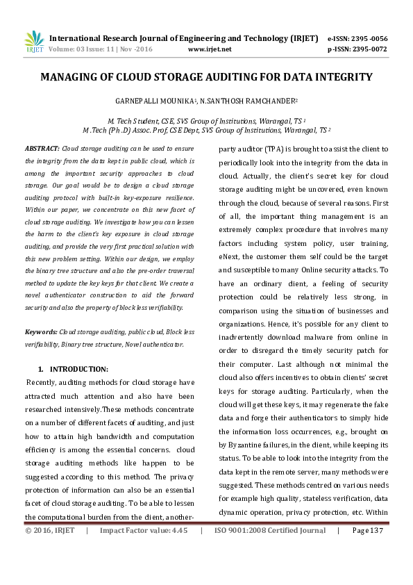 (PDF) MANAGING OF CLOUD STORAGE AUDITING FOR DATA INTEGRITY