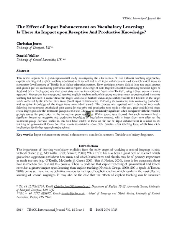 (PDF) The Effect of Input Enhancement on Vocabulary Learning: Is There An Impact upon Receptive ...