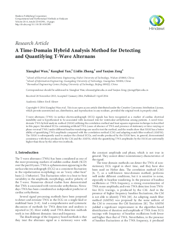 Pdf A Time Domain Hybrid Analysis Method For Detecting And Quantifying T Wave Alternans
