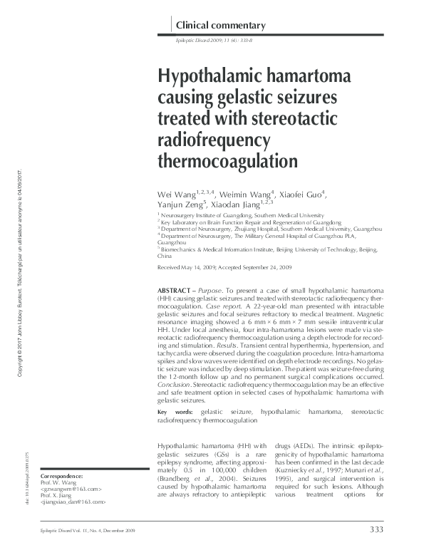 (PDF) Hypothalamic hamartoma causing gelastic seizures treated with stereotactic radiofrequency ...