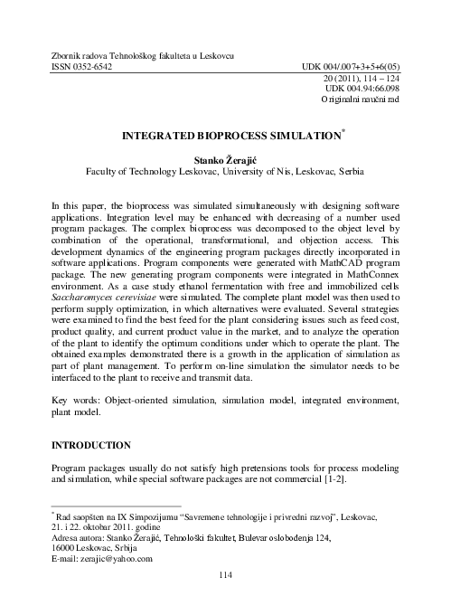 (PDF) INTEGRATED BIOPROCESS SIMULATION