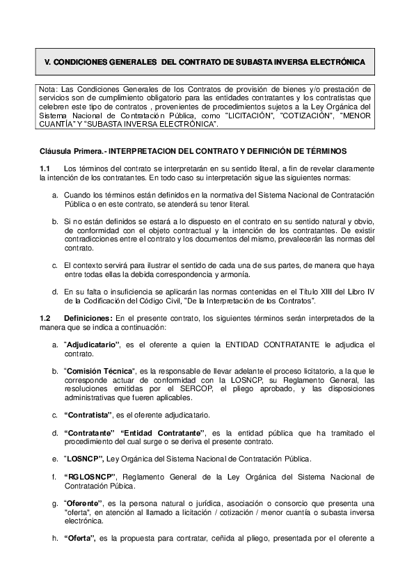 (PDF) V. CONDICIONES GENERALES DEL CONTRATO DE SUBASTA INVERSA ELECTRÓNICA