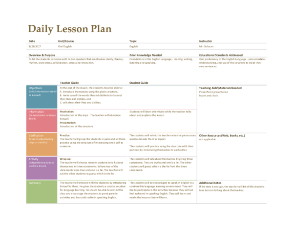 (PDF) Daily Lesson Plan Date Unit/Course Topic Instructor Prior ...