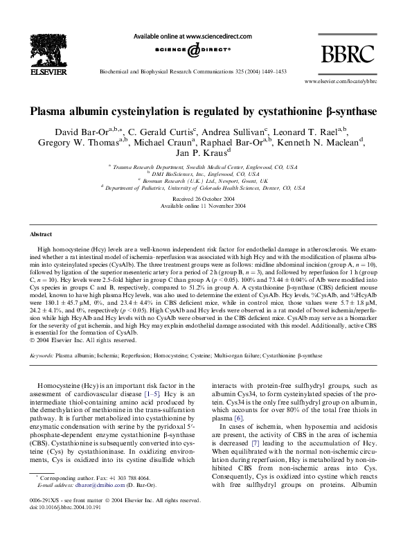 (PDF) Plasma albumin cysteinylation is regulated by cystathionine β ...