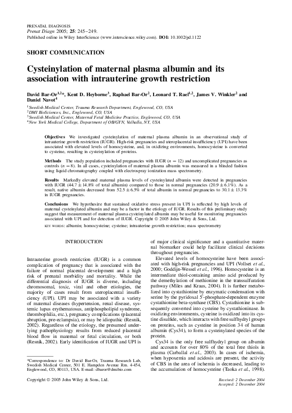 (PDF) Cysteinylation of maternal plasma albumin and its association ...