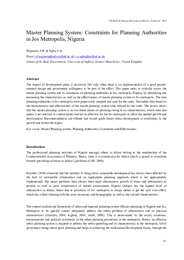 (PDF) Master Planning System: Constraints for Planning Authorities in ...