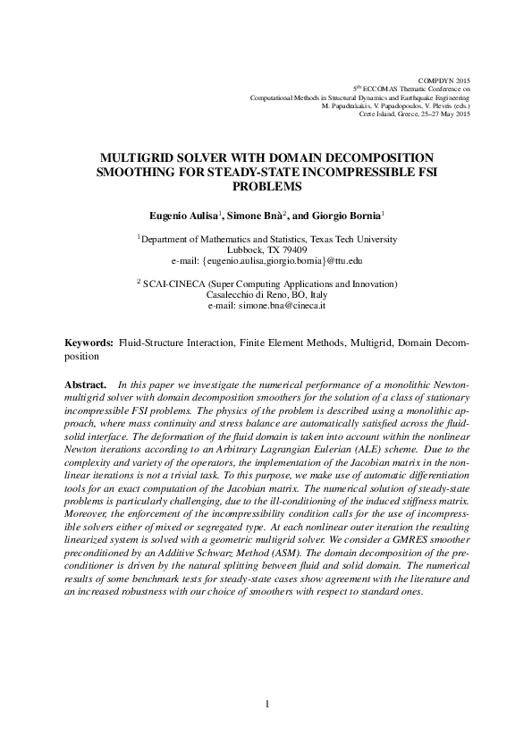 Pdf Multigrid Solver With Domain Decomposition Smoothing For Steady State Incompressible Fsi